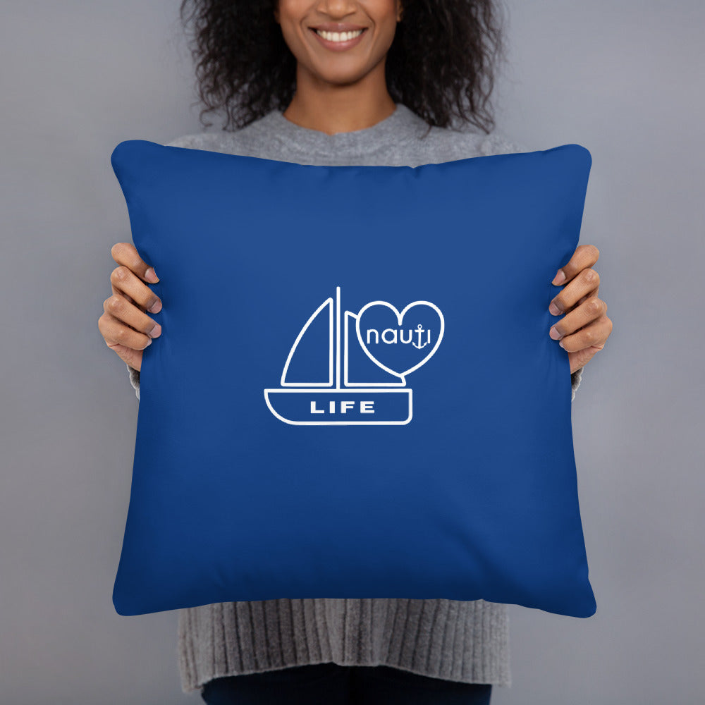 "NAUTI boat life" pillow in navy with white logo