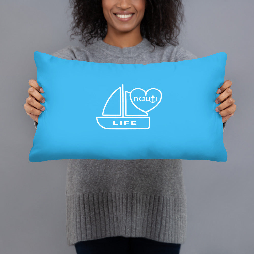 "NAUTI" boat life pillow in deep sky blue with white logo – NautiStyles
