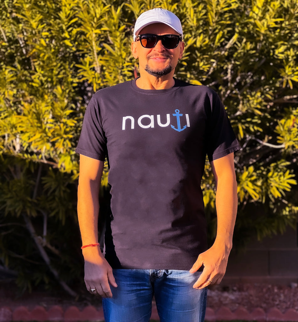 "NAUTI" Mens Anchor T-Shirt in Black with White Logo and Blue Anchor